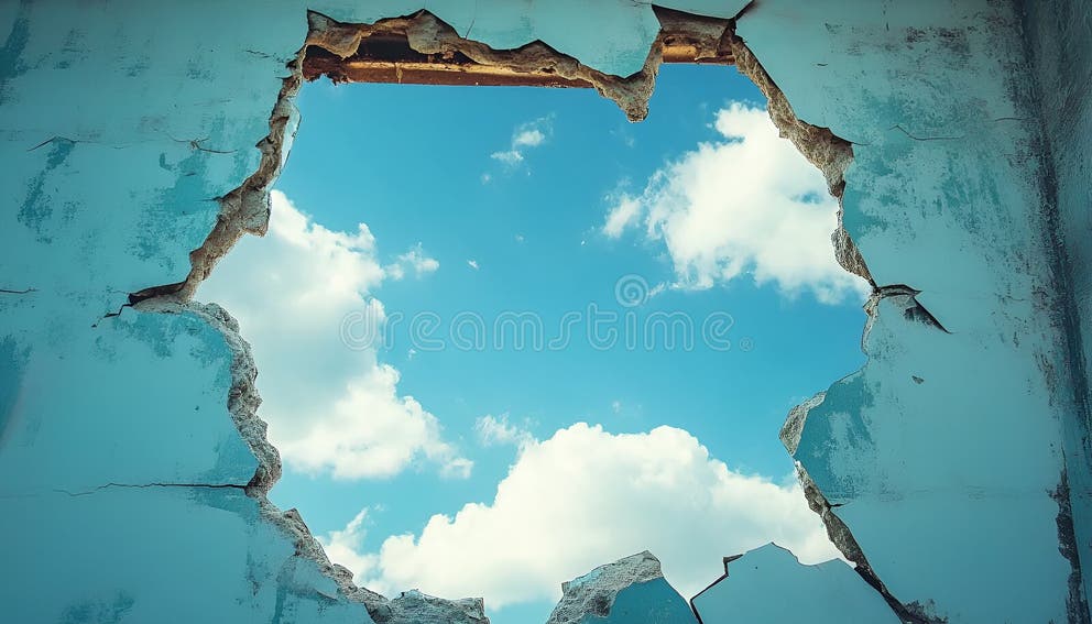 View through Broken Window on Cloudy Sky Stock Image - Image of paper ...