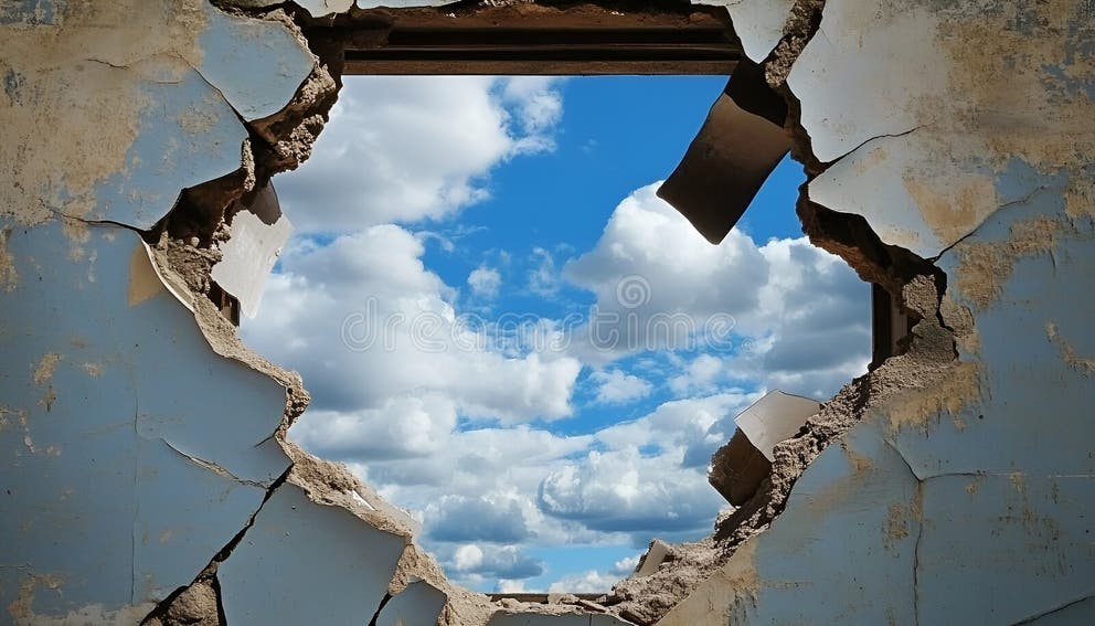 View through Broken Window on Cloudy Sky Stock Photo - Image of surface ...