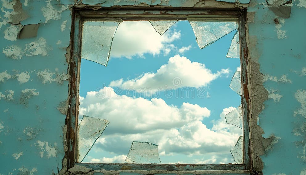 View through Broken Window on Cloudy Sky Stock Image - Image of frame ...