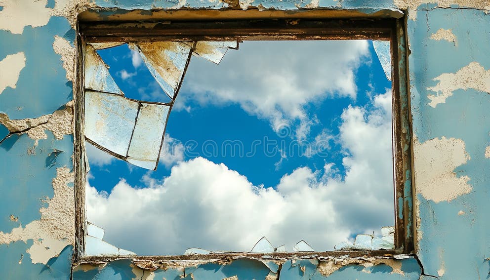 View through Broken Window on Cloudy Sky Stock Image - Image of freedom ...