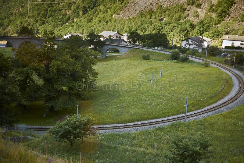 Brusio Spiral Viaduct at Swiss Alps Stock Image - Image of railway ...