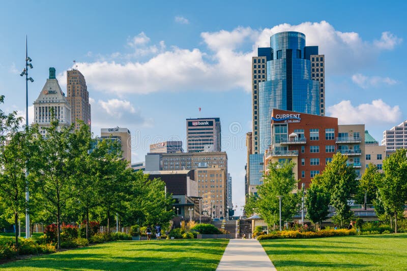 View of Buildings in Downtown from Smale Riverfront Park, in Cincinnati ...