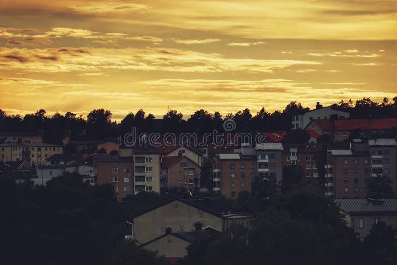 Aerial View Over Buildings at Sunset Stock Image - Image of aerial ...