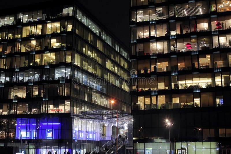View of the Burning Windows of the Office Building at Night. the Work ...