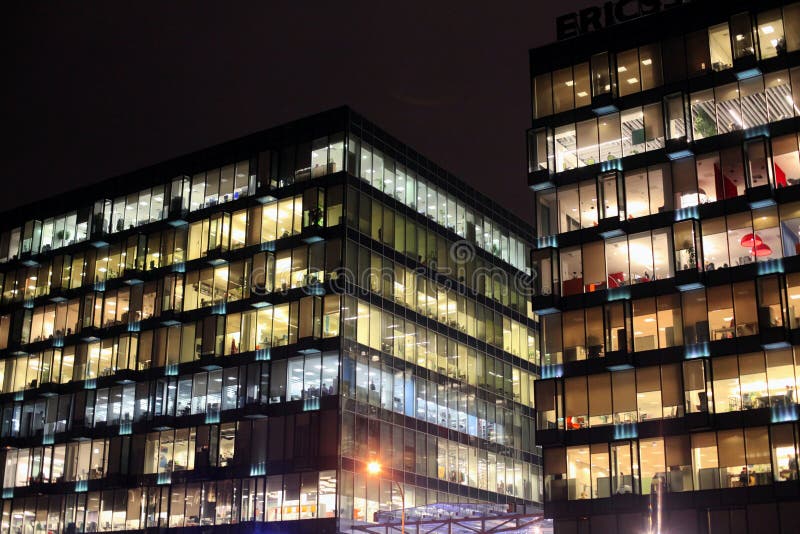 View of the Burning Windows of the Office Building at Night. the Work ...