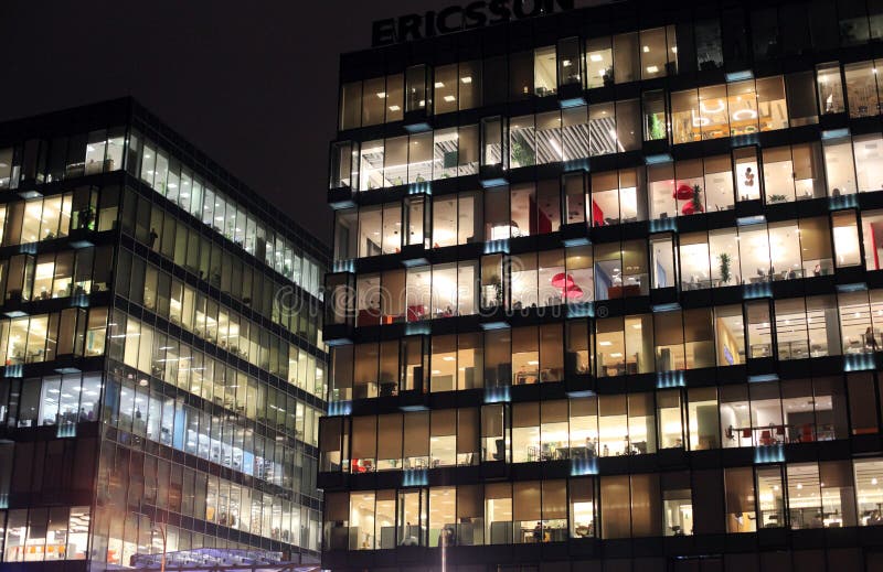 View of the Burning Windows of the Office Building at Night. the Work ...
