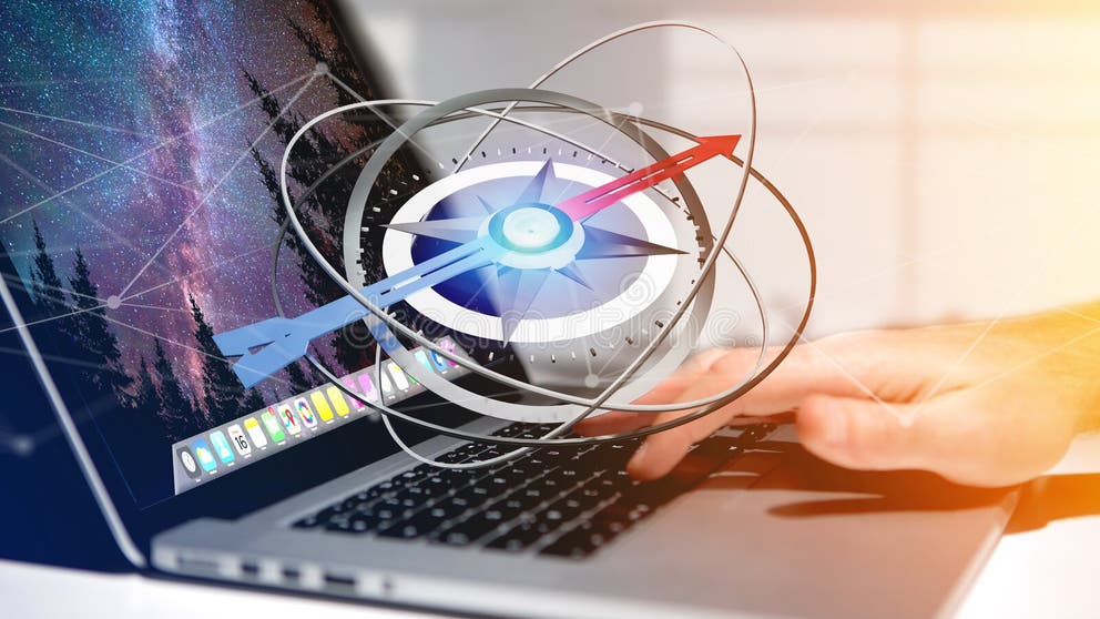 Business Man Using a Navigation Compass on a Laptop - 3d Rendered Stock ...