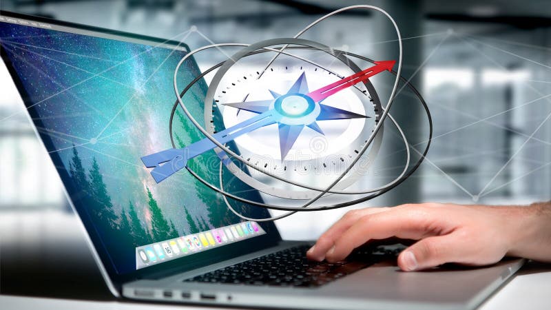 Business Man Using a Navigation Compass on a Laptop - 3d Rendered Stock ...