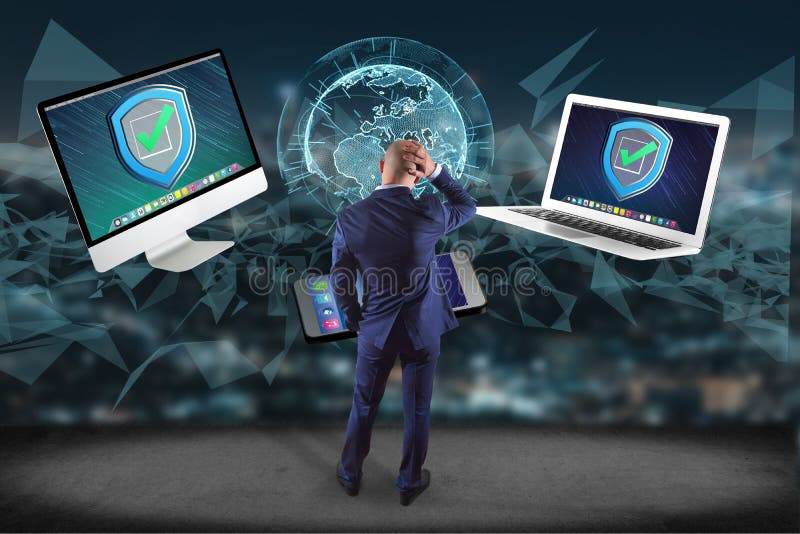 Businessman in Front of a Wall with Security Shield Symbol Over Stock ...