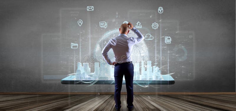 Businessman in Front of a Wall with Smart City User Interface with Icon ...
