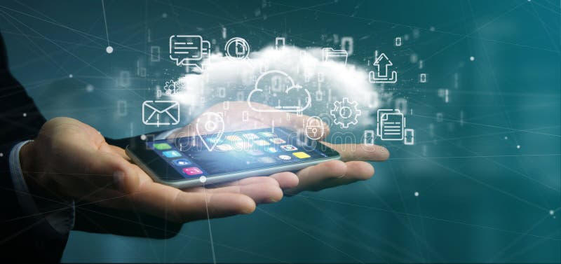 Businessman Holding a Cloud of Multimedia Icon 3d Rendering Stock Image ...