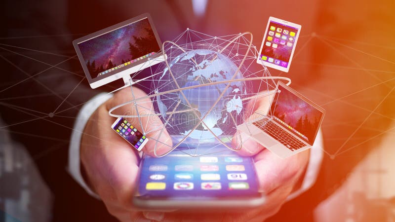View of a Businessman Holding a Computer and Devices Displayed O Stock ...
