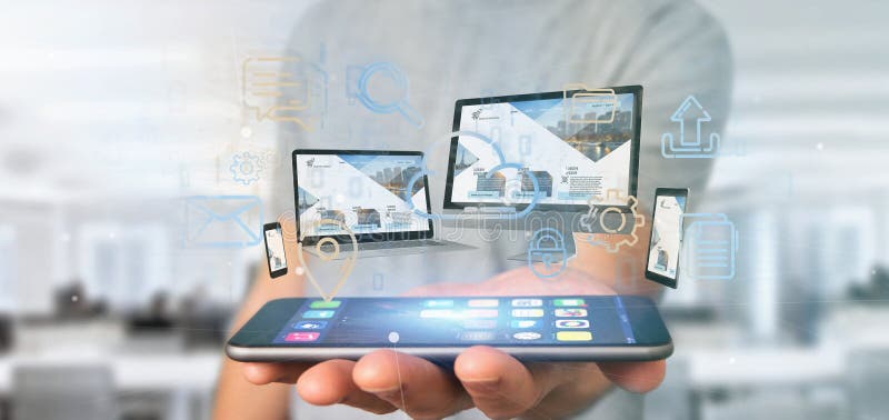 Businessman Holding a Devices Connected To a Cloud Multimedia Network ...