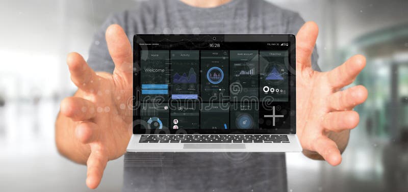 Businessman Holding Laptop with Business User Interface Data on the ...