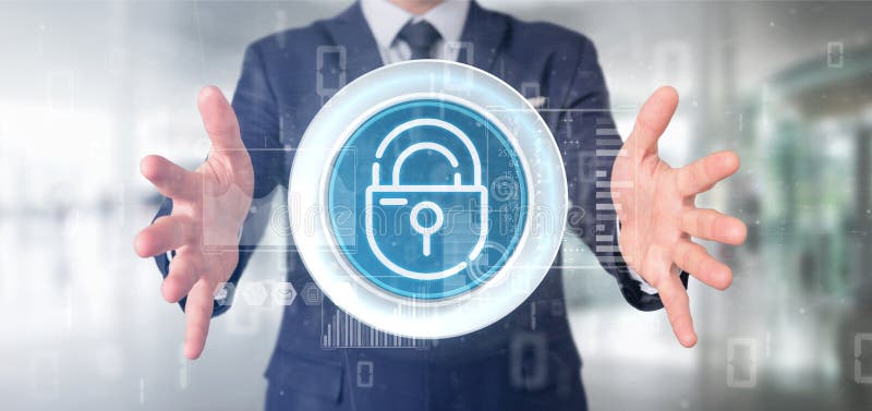 Businessman Holding Security Padlock Wheel Icon with Stats and Binary ...