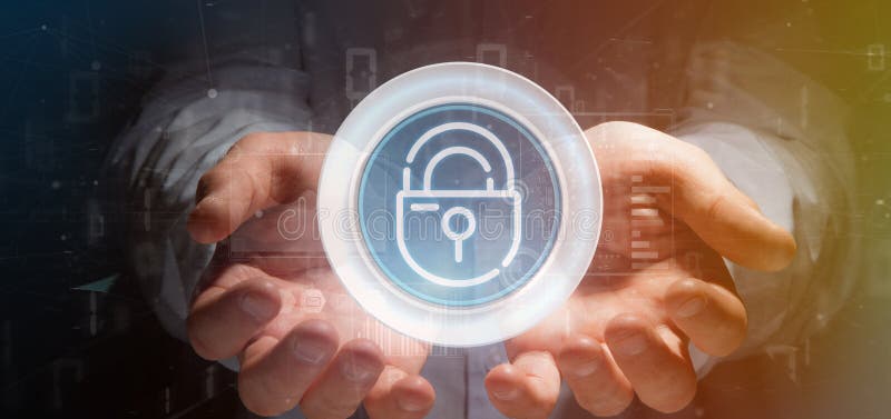 Businessman Holding Security Padlock Wheel Icon with Stats and Binary ...