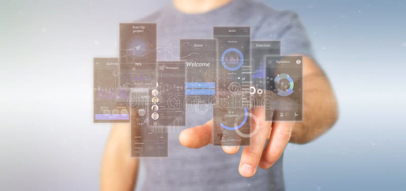 Businessman Holding User Interface Screens with Icon, Stats and Data 3d ...