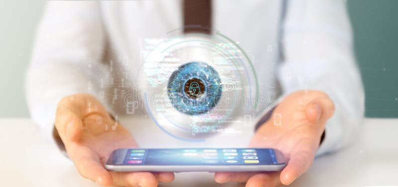 Businessman Holding a Visual Recognition Eye Concept with Data - 3d ...