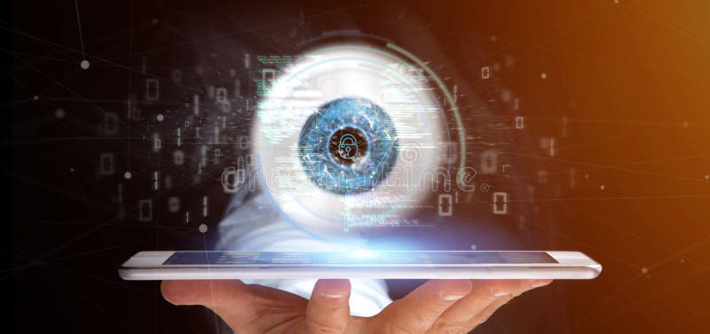 Businessman Holding a Visual Recognition Eye Concept with Data - 3d ...