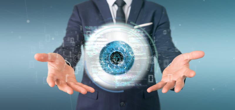 Businessman Holding a Visual Recognition Eye Concept with Data - 3d ...