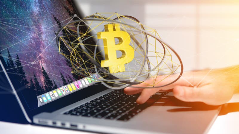 Businessman Using a Computer with a Bitcoin Crypto Currency Sign Stock ...