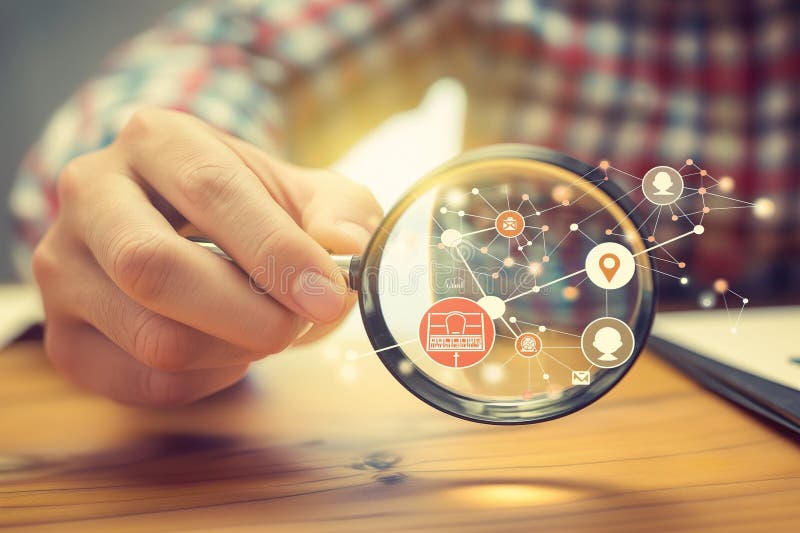 View of a Businessman Using a Magnifying Glass on a Network Connection ...