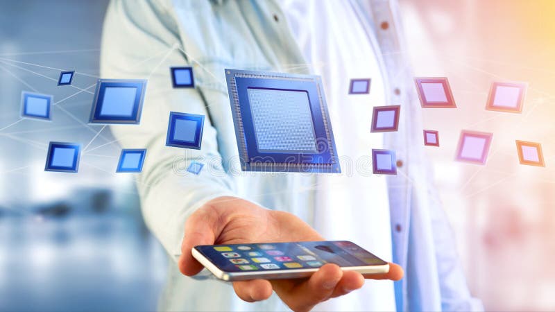 Businessman Using a Smartphone with a Processor Chip and Network Stock ...