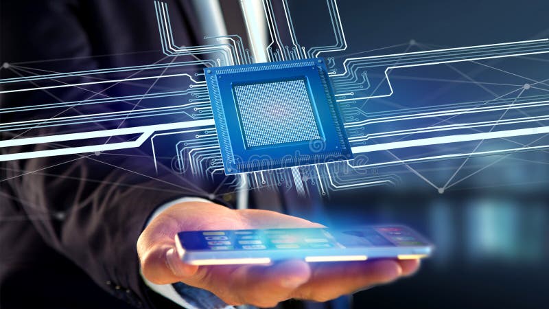 Businessman Using a Smartphone with a Processor Chip and Network Stock ...
