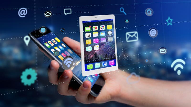 Businessman Using a Smartphone with a Tablet Surrounding by App Stock ...