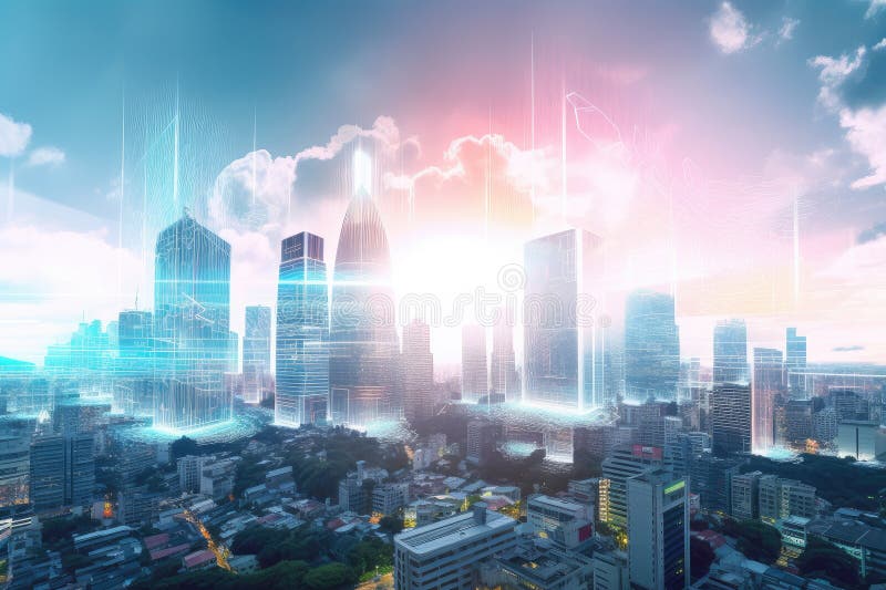 View of Bustling Cityscape with Holographic Skyscrapers in the ...