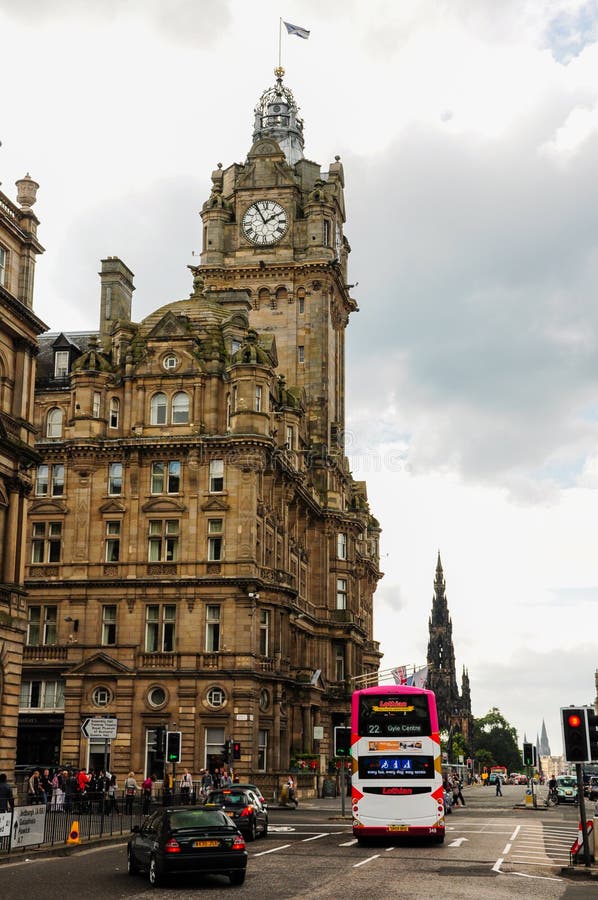 View of Busy Street in Edinburgh with Iconic Clock Tower and Double ...
