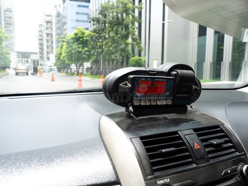 View from Cab with Meter Display Time, Distance and Fare in Dashboard ...