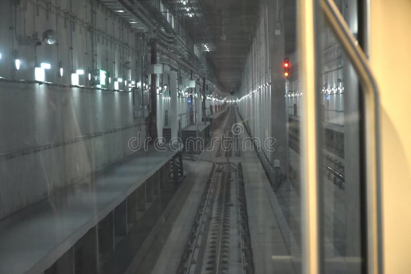View from Cabin of Automatic Electric Underground Train Arrival at ...