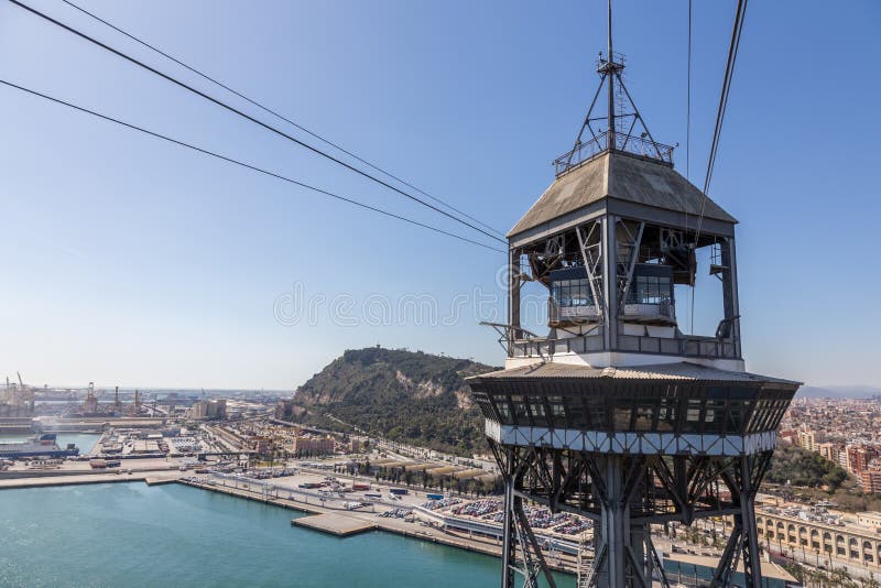 View of Cableway Tower in Barcelona Stock Photo - Image of water, view ...