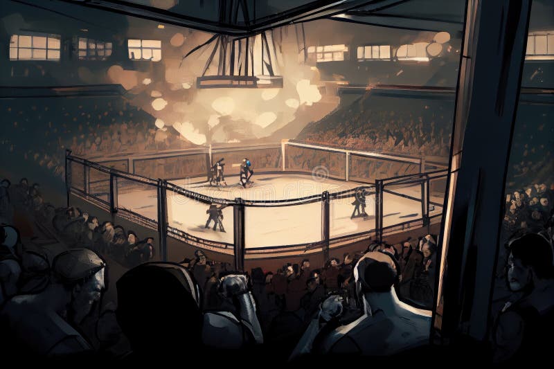 View of Cage Fight Arena, with View of the Audience and Their Reactions ...