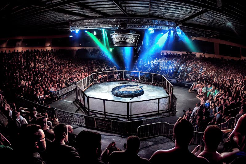 View of Cage Fight Arena, with View of the Audience and Their Reactions ...