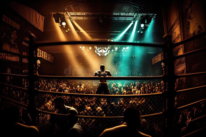 View of Cage Fight Arena, with View of the Crowd and Dramatic Lighting ...