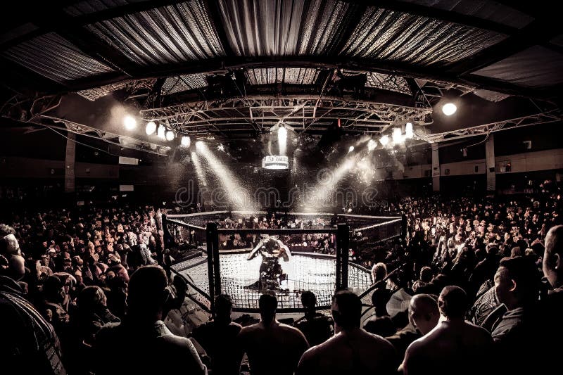 View of Cage Fight Arena, with View of the Crowd and Dramatic Lighting ...