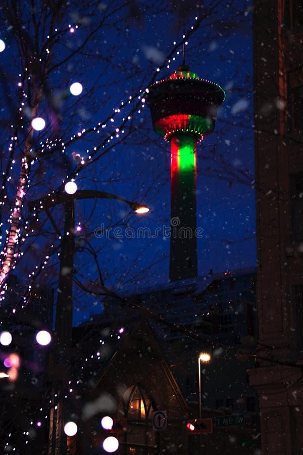 Calgary Tower Illuminated at Night Stock Photo - Image of branches ...