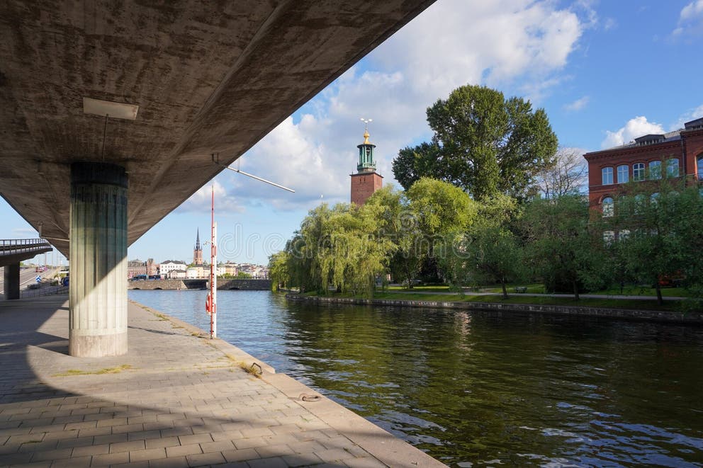 View of a Canal Next To a Bridge Stock Image - Image of canal ...