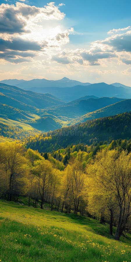 Vibrant Spring Landscape with Lush Green Hills and Distant Mountains ...