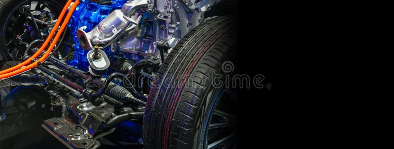 View of Car Engine Structure Installed Electric Chassis Mounted on ...