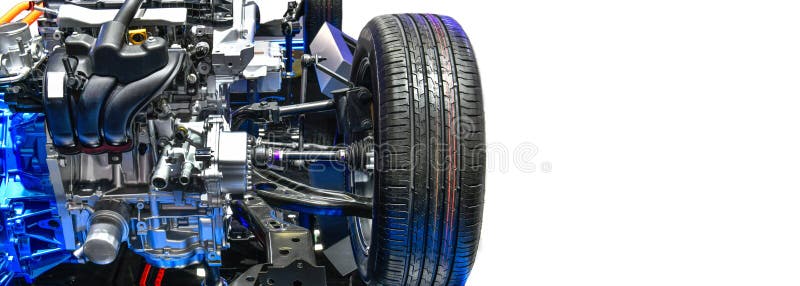 View of Car Engine Structure Installed Electric Chassis Mounted on ...
