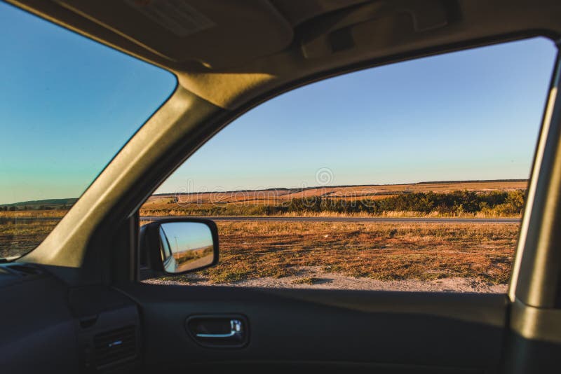 View from Car Window at Fields on Sunset Stock Image - Image of ...