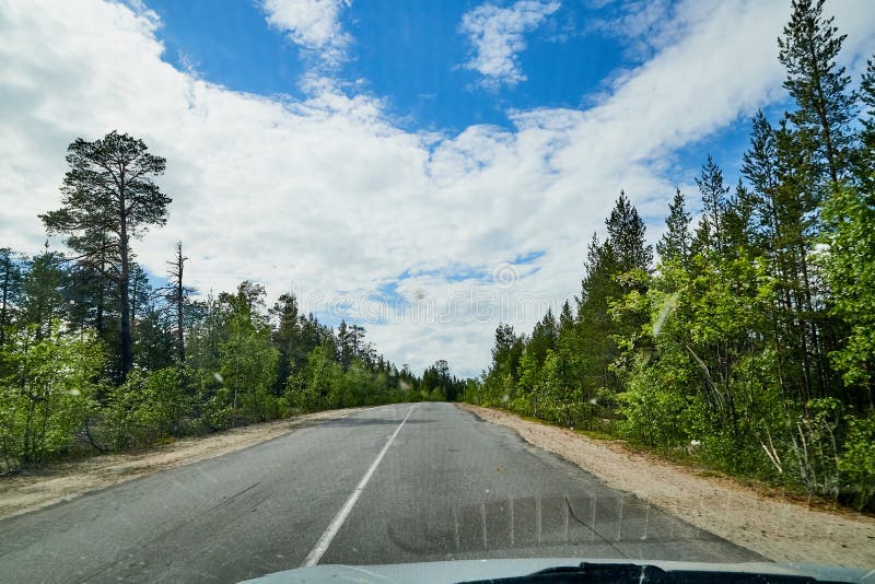 View from Car Window on the Road and Landscape with Forest, Tees, and ...