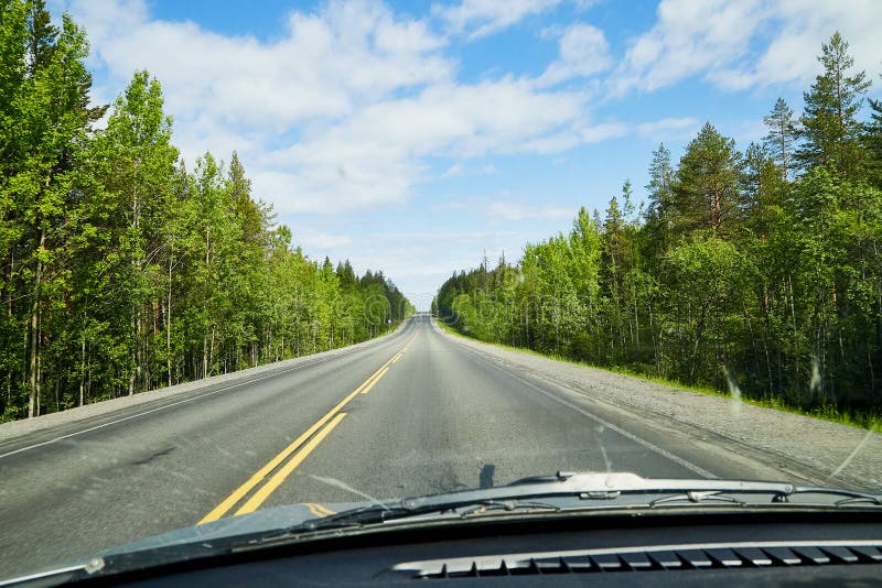 View from Car Window on the Road and Landscape with Forest, Tees, and ...