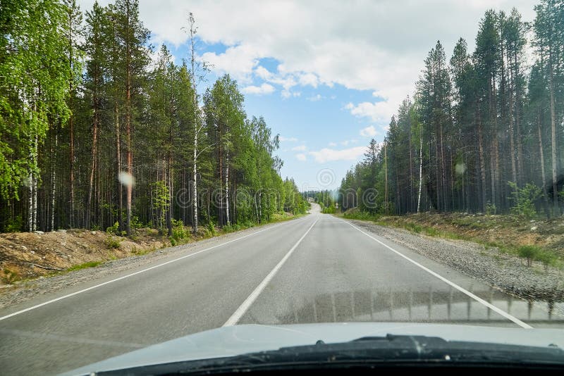 View from Car Window on the Road and Landscape with Forest, Tees, and ...