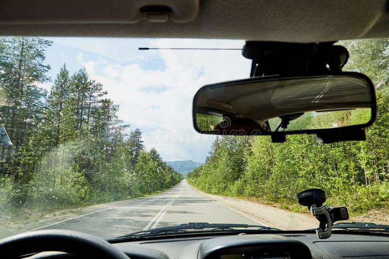View from Car Window on the Road and Landscape with Forest, Tees, and ...