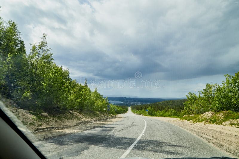 View from Car Window on the Road and Landscape with Forest, Tees, and ...