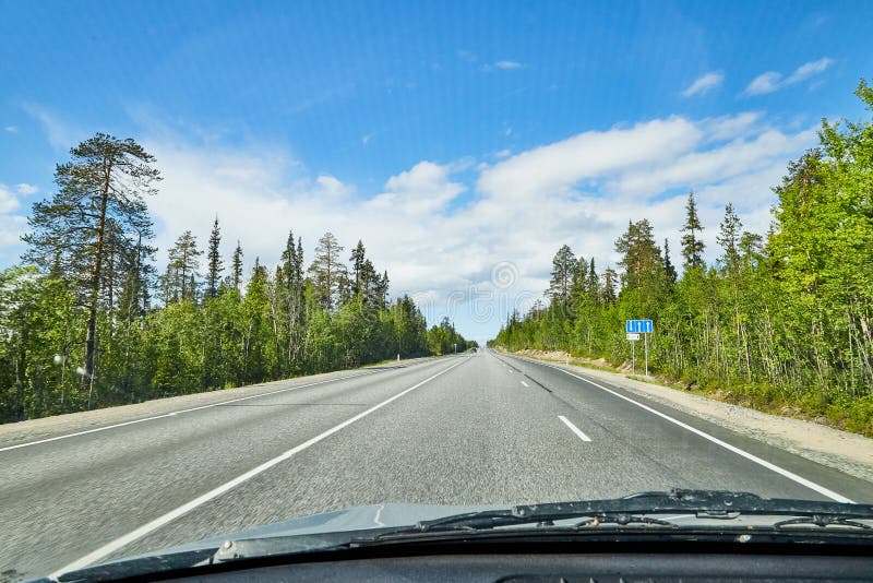 View from Car Window on the Road and Landscape with Forest, Tees, and ...